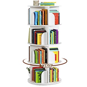 DAOTENGQL 4 Tier Rotating Bookshelf, 360 Spinning Corner Bookcase Tower, Floor Standing Book Shelf Organizer for Bedroom and Living Room, Round Bookshelf for Small Space, Easy to Assemble (White)