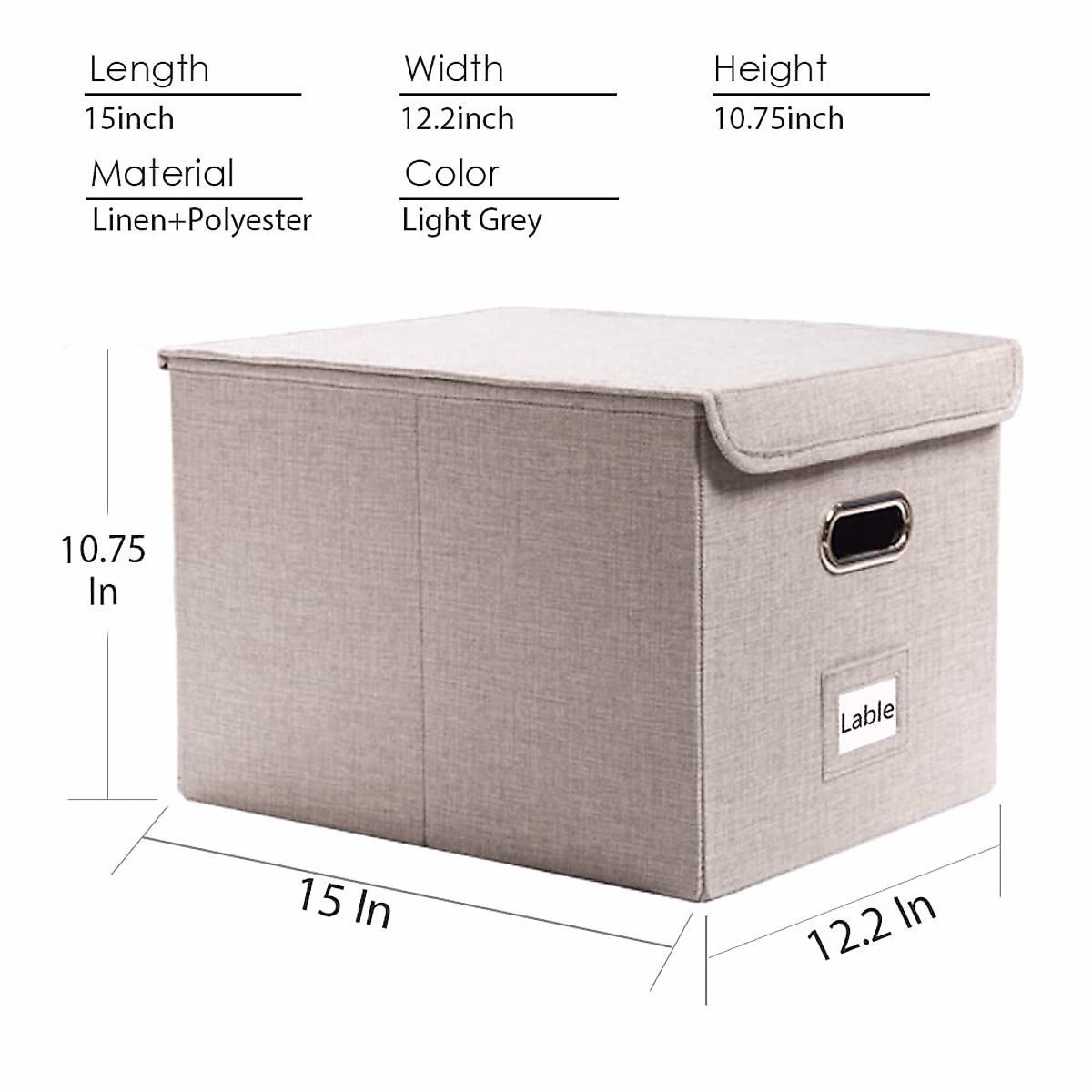 PRANDOM File Organizer Box - Set of 4 Collapsible Decorative Linen Filing Storage Hanging File Folders with Lids Office Cabinet Letter Size Light Grey (15x12.2x10.75 inch)