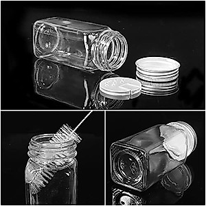 CycleMore 48 Pack 4oz Glass Spice Jars Bottles, Square Spice Containers with Silver Metal Caps and Pour/Sift Shaker Lid-80pcs Black Labels,1pcs Silicone Collapsible Funnel and 2pcs Brush Included