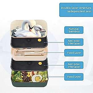 Cute Little Swan Adult Lunch Box, Bento Box, With Cutlery Set Of 3, 2 Compartments, Rectangular, Lunch Box For Adults