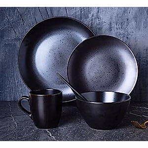 16 Piece Dinnerware Set Service for 4, Round Black Matte Dishes Sets, Includes 4 Dinner Plates 4 Salad Plates, 4 Bowls and 4 Mugs