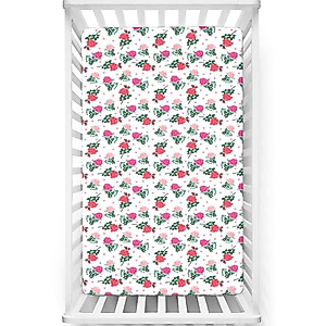 Rose Themed Fitted Mini Crib Sheets,Portable Mini Crib Sheets Soft and Breathable Bed Sheets-Great for Boy or Girl Room or Nursery,24“ x38“,Rose Dark Coral