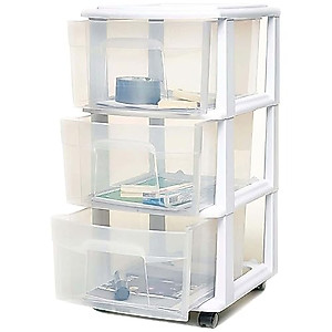 Homz Clear Plastic 3 Drawer Medium Home Organization Storage Container Tower with 3 Large Drawers and Removeable Caster Wheels, White Frame