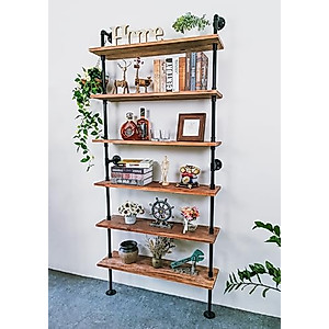 Anynice 6 Tier Industrial Ladder Pipe Shelf Bookcase, Rustic Wall Mounted Pipe Bookshelves for Decor and Storage