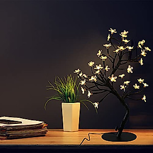 pete mici Cherry Blossom Tree Lights 17 inch 40LED Tabletop Bonsai Tree Lights USB Powered Cherry Blossom Flower Lamp Fairy Light Tree for Bedroom Home Decoration (Warm White)