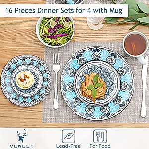 VEWEET, Series Audrie, Porcelain Dinnerware Sets with Patterned Floral, 16 PCS Plates and Bowls Sets for 4, Including Dinner Plates, Dessert Plates, Cereal Bowls and Mug, Microwave & Dishwasher Safe