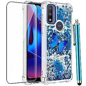 CAIYUNL for Moto G Pure Case with Glass Screen Protector,Moto G Power 2022 Case Glitter Bling Floating Liquid Cute Women Girls Soft TPU Phone Case Cover for Motorola G Pure/G Power 2022-Blue Butterfly