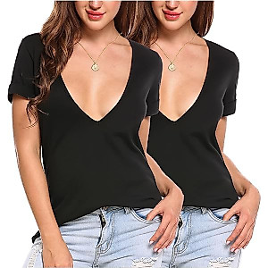 Beyove Womens Low Cut Tops Deep V Neck Plunging Tee T Shirts, Pack of 2 Black Black