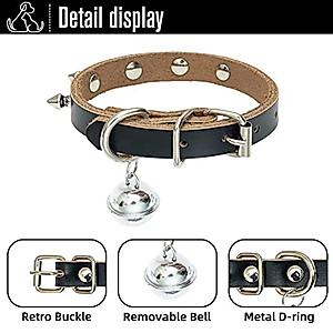 Genuine Leather Cat Collar with Bells - Studded Cat Collar with Spikes Soft and Strong Real Leather Made, Adjustable for Small Dogs Puppy Cats