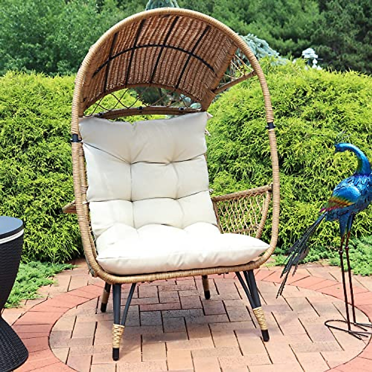Sunnydaze Shaded Comfort Wicker Outdoor Egg Chair with Legs - Plush Polyester Cushion - 250-Pound Weight Capacity - for Patio, Front Porch, or Backyard - Beige