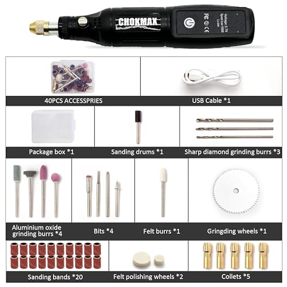 CHOKMAX Cordless Rotary Tool, 3.7V Li-ion Mini Rotary Multi-Tool Kit with 42pcs Accessories Electric Rotary 16000rpm Speed DIY Grinder for Polishing, Cleaning and Engraving