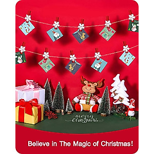 Mini Clothespins Christmas Clothes Pins for Photo Red Clothespins White Snowflake Wooden Clips Small Close Pins for Picture Polaroid Craft Display Hanging Wall Card Holder, 50 PCS with 33 FT String