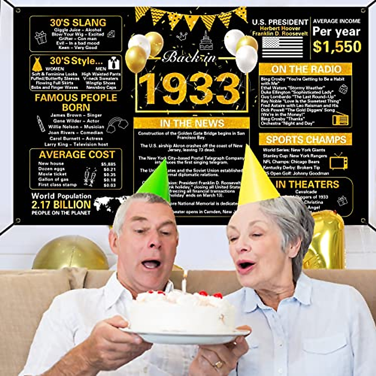 Crenics Black Gold 90th Birthday Decorations, Vintage Back in 1933 Birthday Backdrop Banner, Large 90 Years Old Birthday Anniversary Poster Photo Background Party Supplies for Women Men, 5.9 x 3.6 Ft