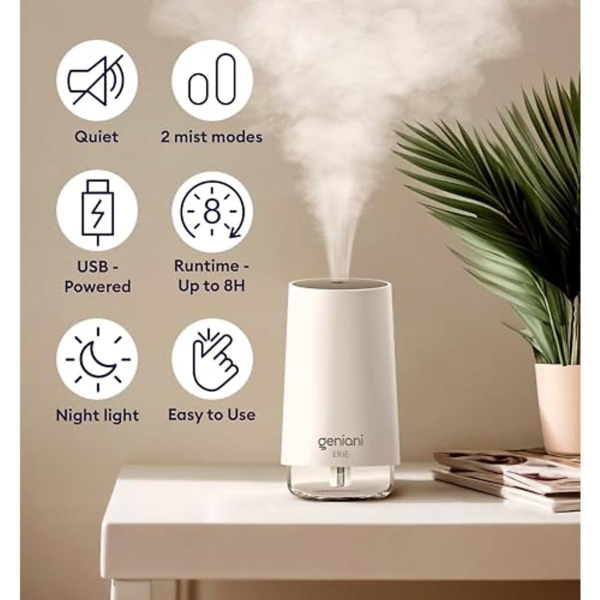 GENIANI Portable Small Cool Mist Humidifiers 250ML - USB Desktop Humidifier for Plants, Office, Car, Baby Room with Auto Shut Off & Night Light - Quiet Mini Humidifier (White)