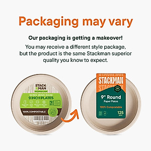100% Compostable 9 Inch Paper Plates [125-Pack] Heavy-Dut, Natural Disposable Bagasse Plate, Eco-Friendly Made of Sugarcane Fibers - Natural Unbleached Brown 9" Biodegradable Plate by Stack Man