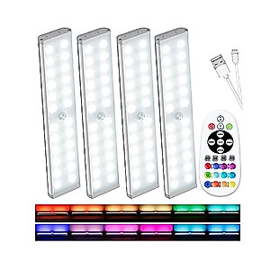 SZOKLED 58-LED Under Cabinet Lights, RGB Motion Sensor Indoor Night Lights with Wireless Remote, Rechargeable Under Cabinet Lighting, Counter Lights for Kitchen, Closet, Stair, 15 Color (4 Packs)