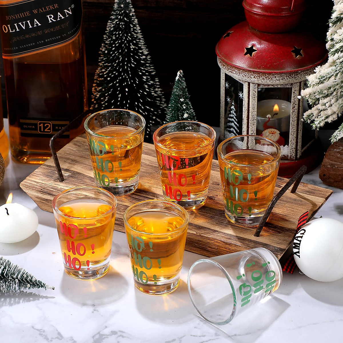 Sliner 24 Pcs Christmas Shot Glasses 2 oz Holiday Glass Cups with Ho Ho Ho Print Mini Christmas Glasses Drinkware Bulk for Drinking Liquor Vodka Whiskey Party Supplies Gifts Table Decoration