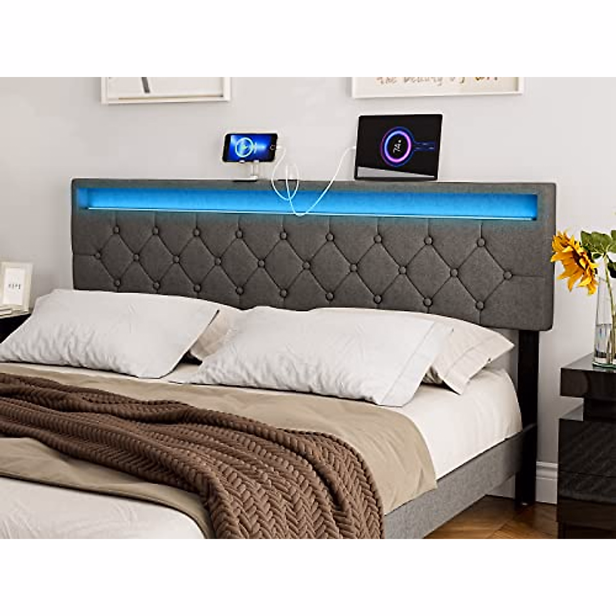IKIFLY Upholstered California King Size LED Headboard with LED Lights & 2 USB Ports - Adjustable Height - Button Tufted Linen Fabric Padded Headboard Only, Easy Assembly - Dark Grey/Cal King