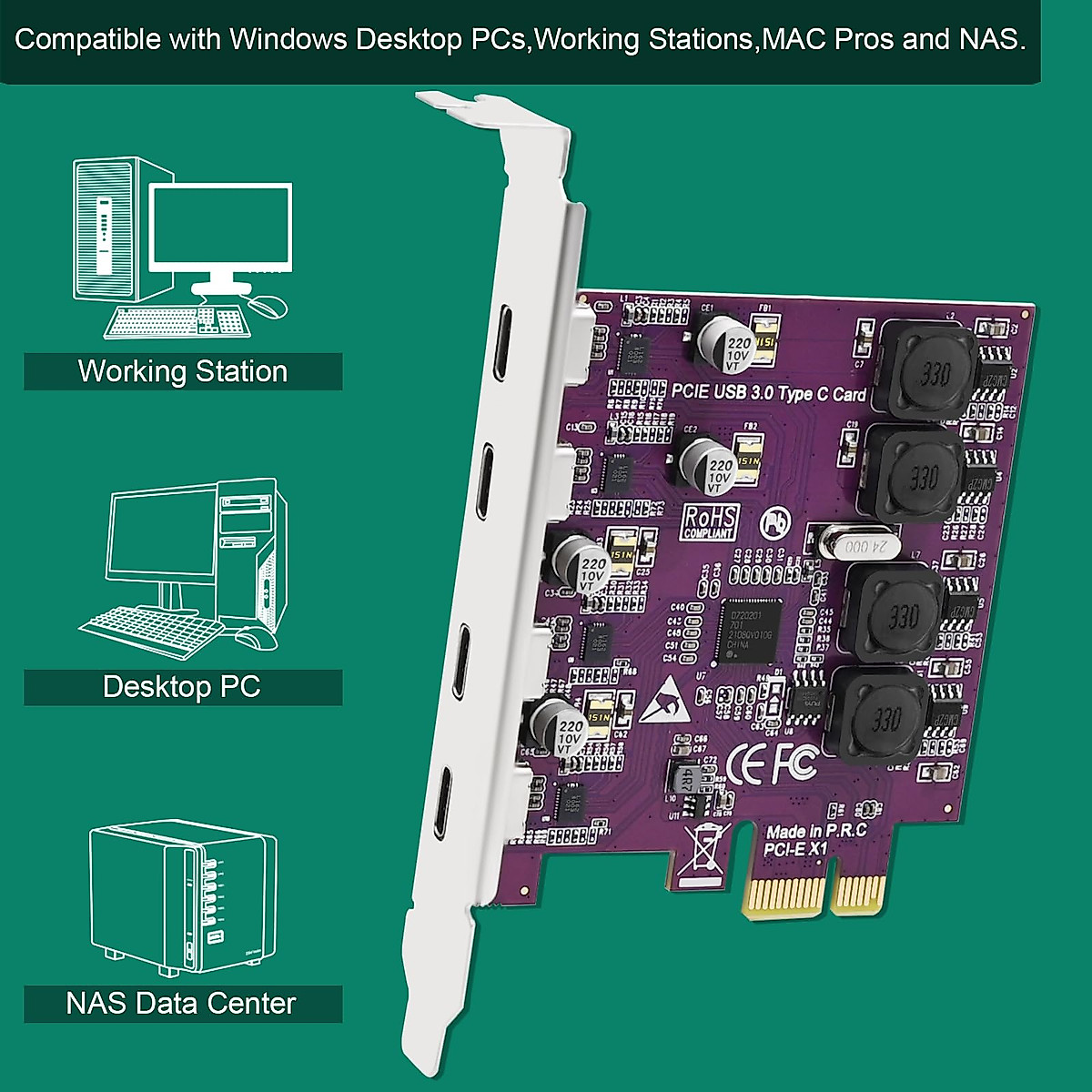 FebSmart 4X 5Gbps USB-C Ports PCI Express USB 3.0 Expansion Card for Windows 11, 10, 8.x, 7, Vista, XP Desktop PCs, Built in Self-Powered Technology, No Need Additional Power Supply (FS-U304C-Pro)