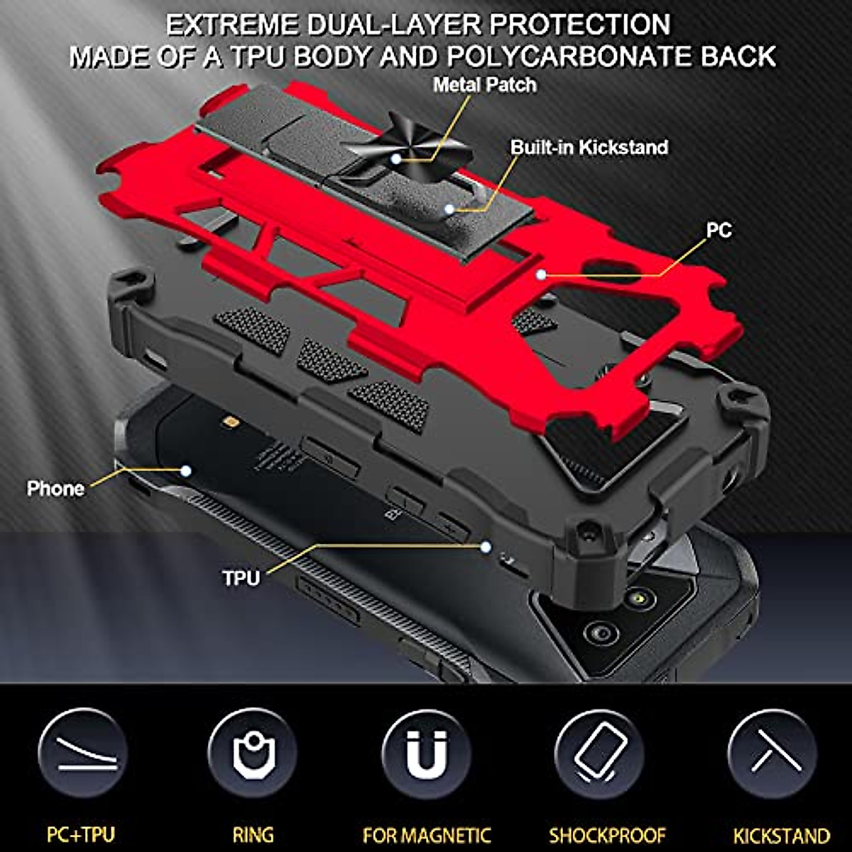 Ailiber Compatible with Kyocera DuraForce Ultra 5G, DuraForce UW E7110 Case with Screen Protector, for Magnetic Car Mount, Kickstand Holder, Durable Armor Full Body Cover for DuraForce Ultra 5G UW-Red