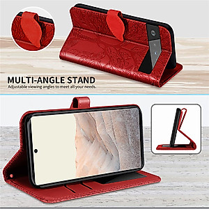 MEUPZZK for Google Pixel 6 Case, Wallet Case for Pixel 6 5G, Embossed Tree Premium PU Leather [Kickstand] [Card Slots] [Wrist Strap] [Folio Flip] [6.4 inch] Phone Cover for Pixel 6 (R-Red)