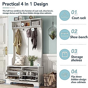 CuisinSmart All in One Hall Tree with 3 Top Shelves and 2 Flip Shoe Storage Drawers, Entryway Coat Garment Rack Storage, Hall Tree with Bench and Shoe Storage, White