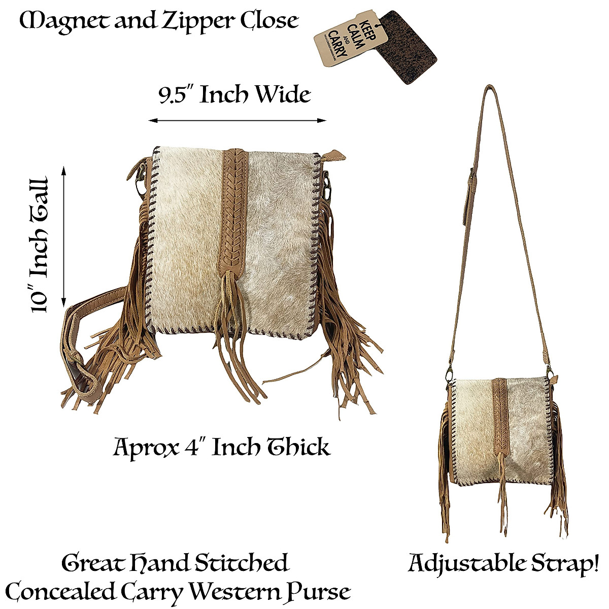 Urbalabs Western Cowhair Concealed Carry Womens Crossbody Fringe Purse Genuine Leather Handmade Stitched Handbag (Light Brown)