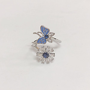 Fidget Anxiety Rings Butterfly Sunflower Adjustable Open Spinner Ring for Women Blue Cubic Zirconia Always in My Heart Stress Relieving Wrap Thin Band Engraved Cute Animal Jewelry Gift Girlfriend Bff Christmas