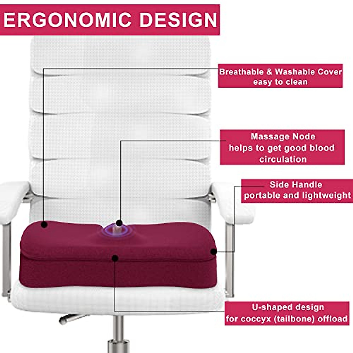 HONGJING Massage Seat Cushion for Pressure Relief, Memory Foam Office Chair Cushions for Long Sitting, Butt Pillow with Massaging, Great for Sciatica, Coccyx and Tailbone Pain Relief (Red)