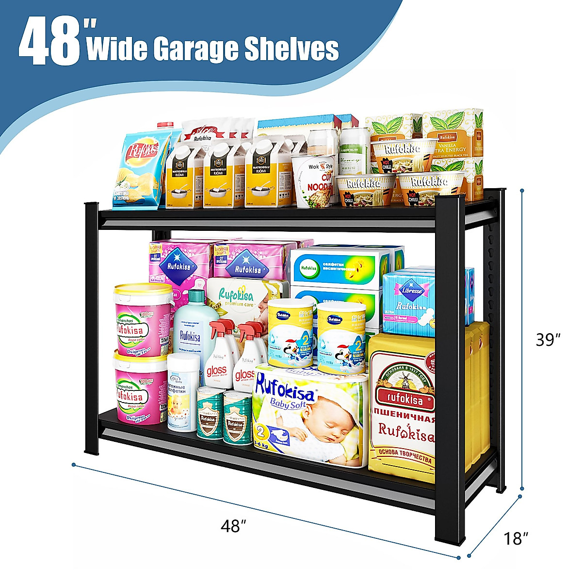 Rufokisa Garage Shelving Heavy Duty，Large Loads Adjustable Garage Storage Shelves, Metal Storage Racks and Shelving Units, Utility Rack Shelves,48”W x 18”D x 39”H,Black