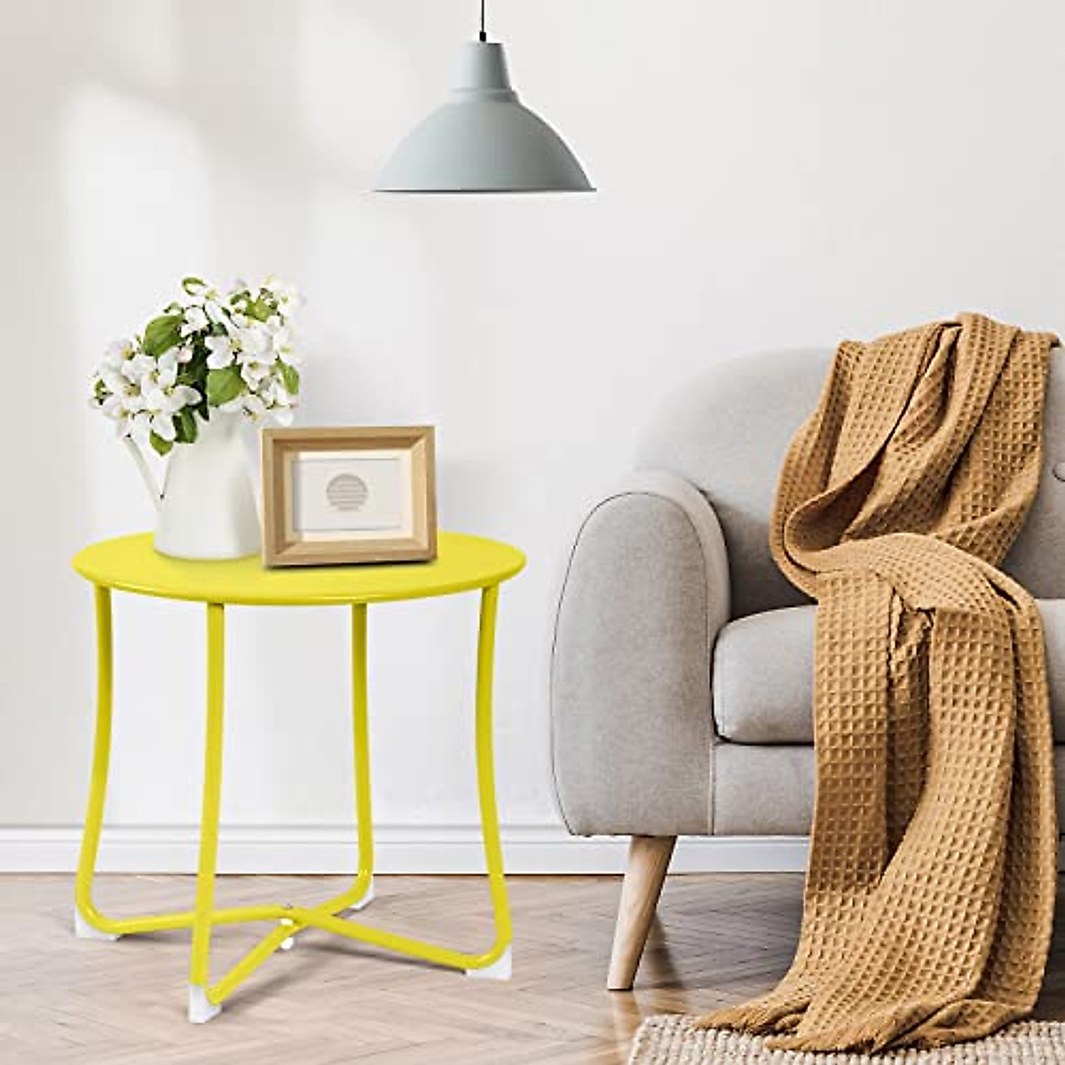 AMAGABELI GARDEN & HOME Metal Patio Side Table 18” x 18” Weather Resistant Anti-Rust Outdoor End Table Small Steel Round Coffee Table Porch Table Snack Table for Balcony Garden Yard Lawn, Yellow