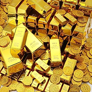 Sumind 200 Pcs Fake Gold Coin Pirate Coins and 12 Pcs Fake Gold Bar Replica Paper Weight Golden Brick Bullion Glittering Movie Prop for Costume Stage Pirate Party Decoration(Assorted Size)