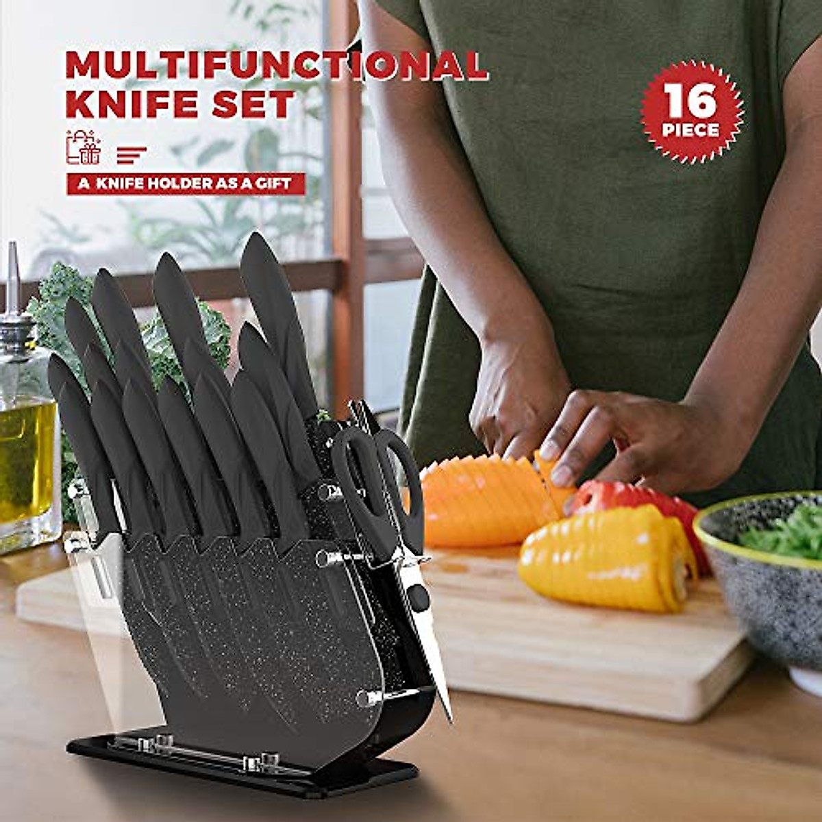 MOSTA Ceramic Coated Knife Block Set with 16Pc or 5Pc Kitchen Knives, Chef Knife,Bread Knife,Steak Knife,Chopper Knife,Butter Knives,Cheese Knife,Pizza Knife,Acrylic Stand,Scissors