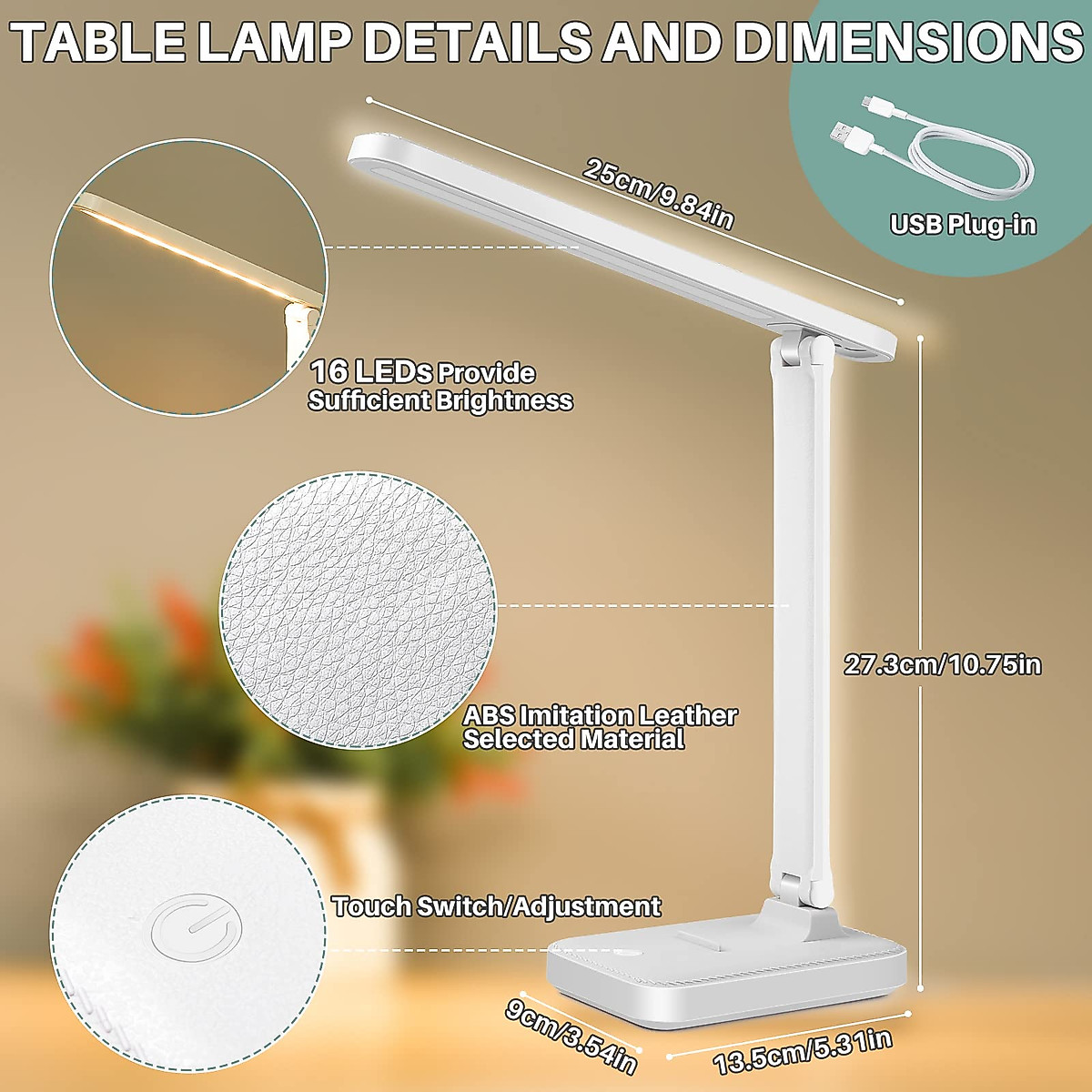 candyfouse LED Desk Lamp with Touch Control, Reading Lamp No Flicker, 3 Color Modes, Foldable Table Lamp, Eye Caring Reading Light for Office, Home, Dormitory, USB Interface DC5V 1A