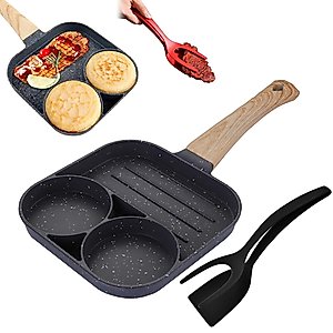Divided Cast Iron Skillet & 2-in-1 Egg Spatula, 7-Inch Cornbread Cast Iron Skillet Divided, Square Grill Pan, 3-Section Versatile Breakfast Skillet, Suitable for Fried Eggs, Steak, Bread, Bacon