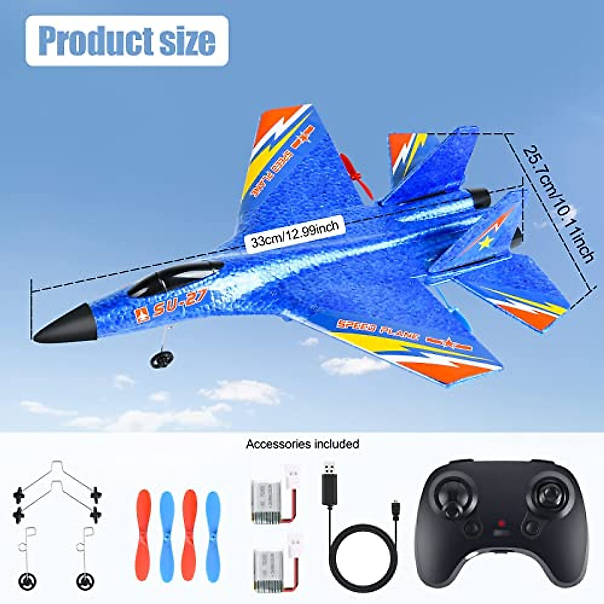 OUSEXI Blue RC Airplane Comes with 2 Batteries, 2.4 GHZ 2 Channels Remote Control Aircraft for Beginners,Outdoor Foam RC Airplane for Kids(with Night Light)