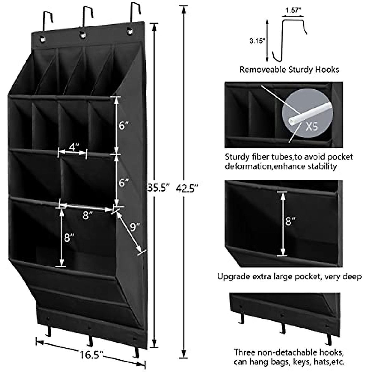 Yteseery 2 Pack Door Shoe Rack with Large Deep Pockets, Hanging Shoe Organizer for Narrow Door, Over The Door Shoe Organizer for Dorm, Door,Closet Door RV, Black