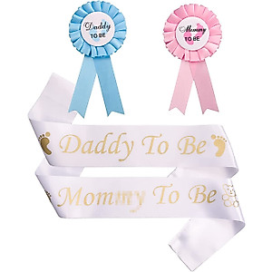 Baby Shower Mom To Be Sash and Daddy To Be Tinplate Badge Pin Kit Gender Reveals Party Gifts - Light Blue