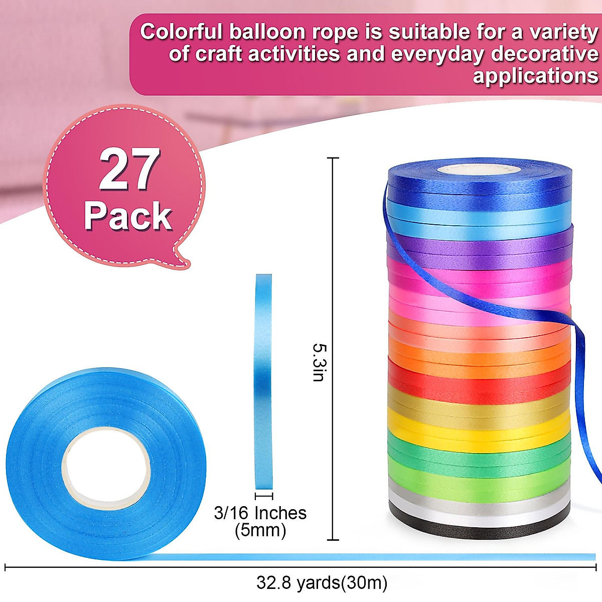 vivinin 27 Roll Curling Ribbon, 3/16 Inch x 32.8 Yard Balloon String, 15 Colors Ribbons for Crafts, Balloon String Ribbon for Party, Festival, Florist Flower