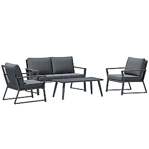 Outsunny 4 Piece Patio Furniture Set, Aluminum Conversation Set, Outdoor Garden Sofa Set with Armchairs, Loveseat, Center Coffee Table and Cushions, Dark Grey