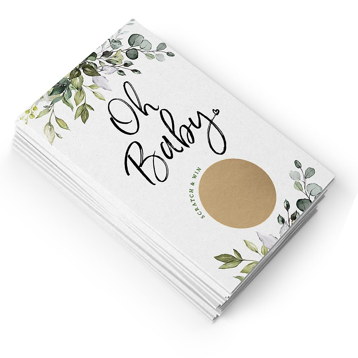 Printed Party Baby Shower Game – Scratch Off Cards for Girl or Boy, Botanical Greenery Theme, 30 Cards & Stickers