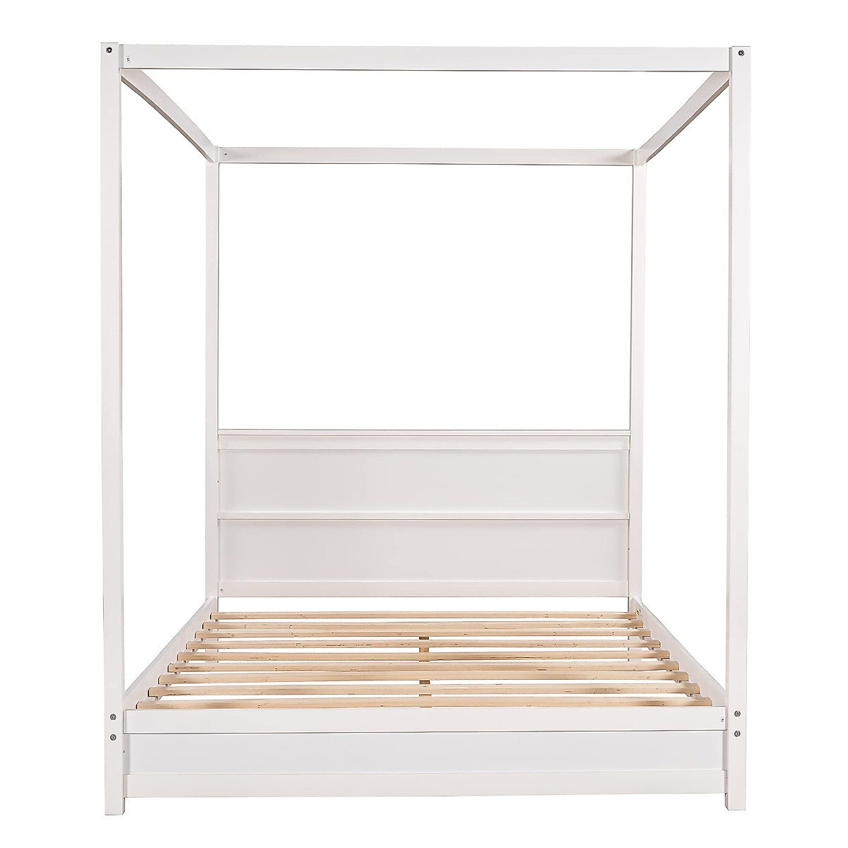 Queen Size Canopy Bed Frame, Solid Wood Queen Platform Bed with Headboard and Slat Support, Modern 4 Poster Panel Bed for Kids, Teens, Adults. No Box Spring Needed (Queen, White)