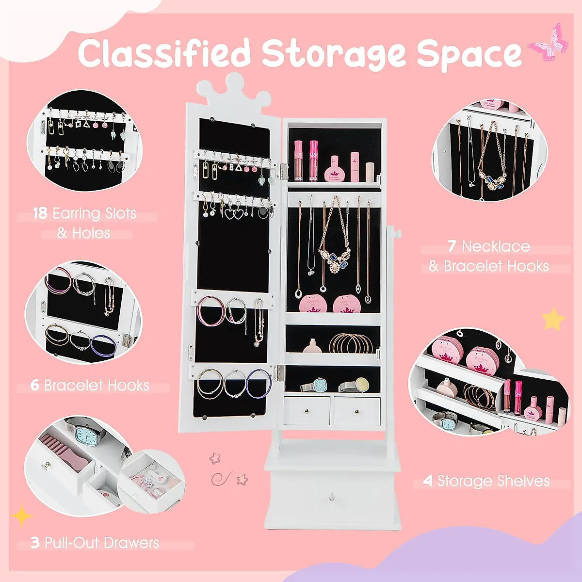 Costzon Kids Jewelry Armoire Cabinet, 45” Standing Jewelry Organizer with Full-Length Mirror, 3 Storage Drawers, Kids Vanity Dress Up Mirror Jewelry Cabinet for Girls (White)