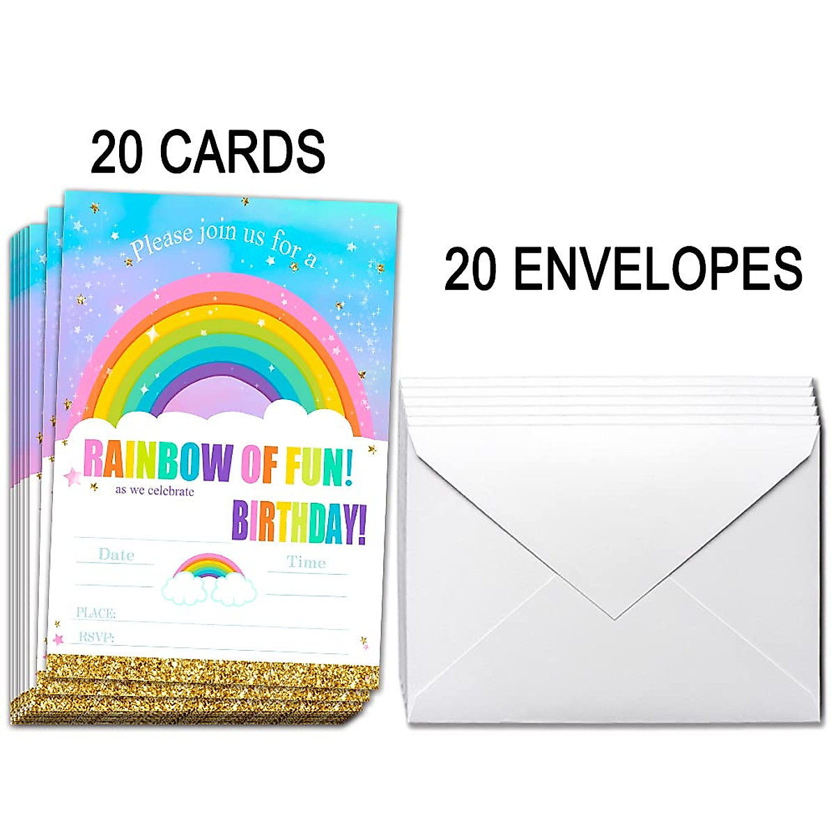 ukebobo Rainbow Birthday Party Invitations with Envelopes – Birthday Party Invitations, Rainbow Party Decorations– 20 Cards With Envelopes（c02）