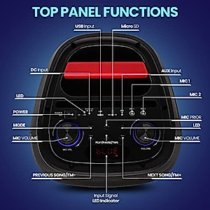 Pyle Party Speaker PPARTY26, PA System W/Double 6.5" Portable Bluetooth Speaker W/Rechargeable Battery, Modern LED Lights, Mic Recording Functions, Echo/Treble/Bass TWS/AUX/MP3/USB/MICRSD/FM