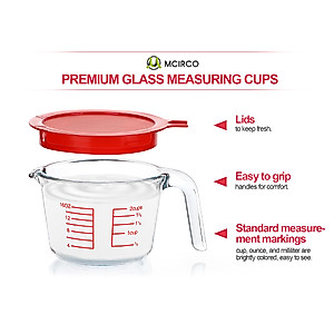 M MCIRCO 6 Pcs Glass Measuring Cups with Lids Set, 1-Cup, 2-Cup, 4-Cup Measuring Jugs with Handle, Nesting Liquid Measuring Cups for Kitchen