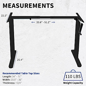 VIVO Compact Hand Crank Stand Up Desk Frame for 35 to 71 inch Table Tops, Ergonomic Standing Height Adjustable Base with Foldable Handle, Black, DESK-M051MB