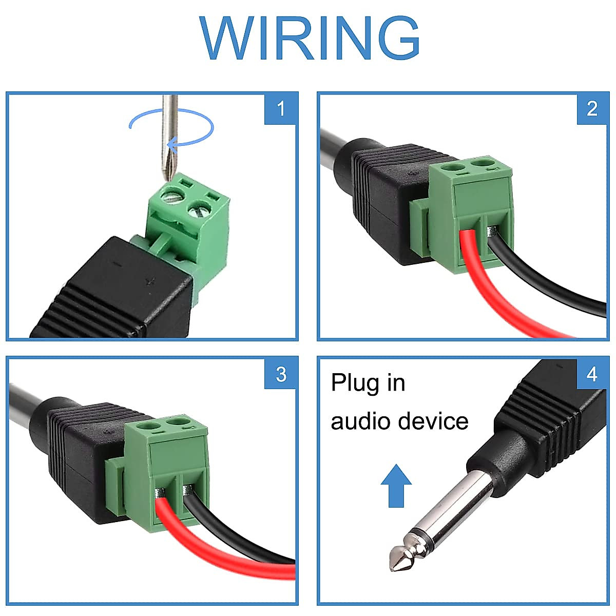 DKARDU 1/4 Inch Jack 6.35mm Mono Male Plug for Guitar/Speaker/Microphone Audio Cable, 2 Pole Terminal Female Solderless Screw Converter Adapter Replacement Repair Plug, 4 PCS
