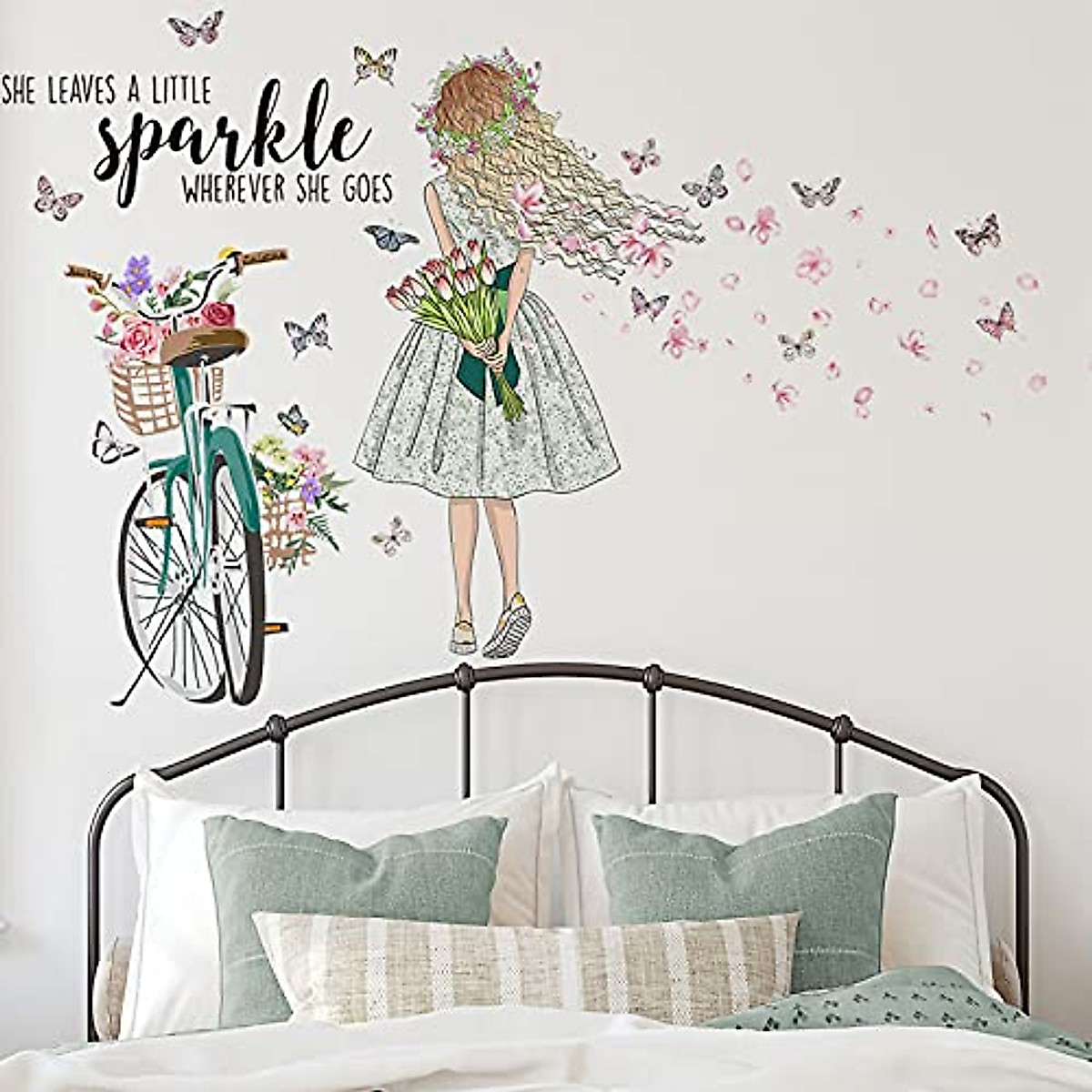 Prabahdak DIY Fairy Girl Bicycle Wall Stickers Flower Butterflies Wall Decals Removable Sparkle Girl Vinyl Wall Art for Girls Baby Nursery Bedroom Living Room