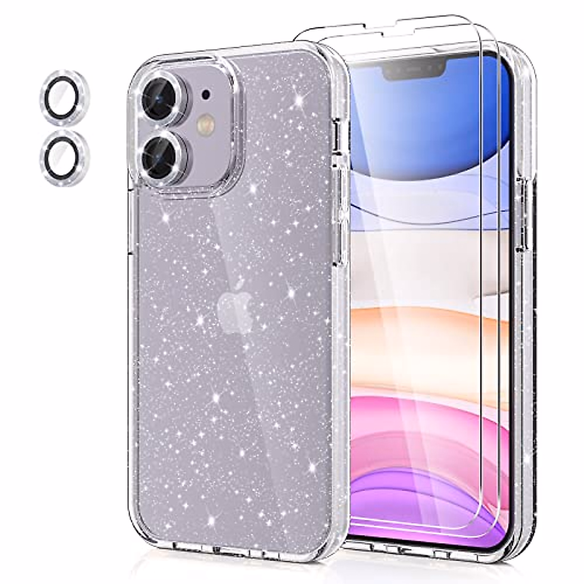 Jasmeas Design for iPhone 11 Case Glitter, with [2 Pack] Screen Protector & [2 Pack] Camera Lens Protector Sparkle PC Hard Soft TPU Silicone Bumper Women Phone Cases for Women Girls (Clear)